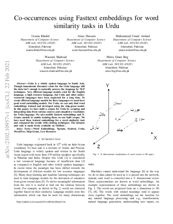 Pdf Co Occurrences Using Fasttext Embeddings For Word Similarity Tasks In Urdu Waseem