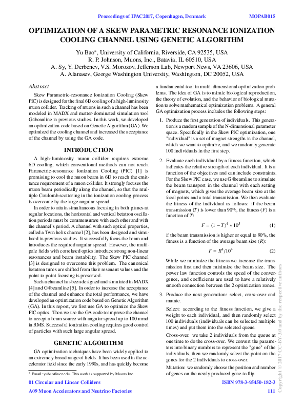 (PDF) Optimization of a Skew Parametric Resonance Ionization Cooling Channel Using Genetic ...