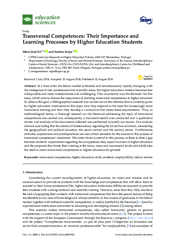 (PDF) Transversal Competences: Their Importance and Learning Processes ...