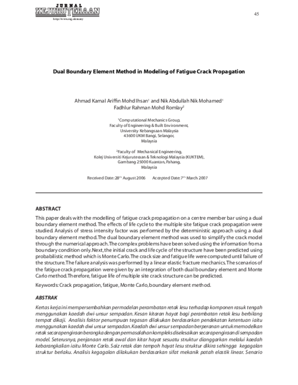 Pdf Dual Boundary Element Method In Modelling Of Fatigue Crack