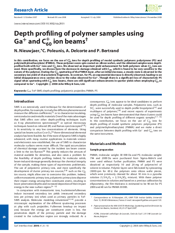 (PDF) Depth profiling of polymer samples using Ga + and C 60 + ion beams