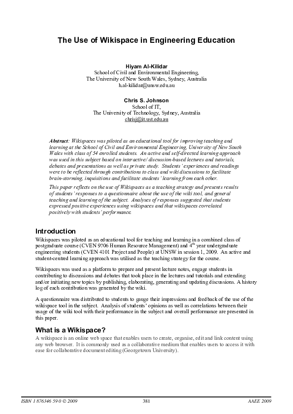 (PDF) The Use of Wikispace in Engineering Education | Hiyam Al-Kilidar ...