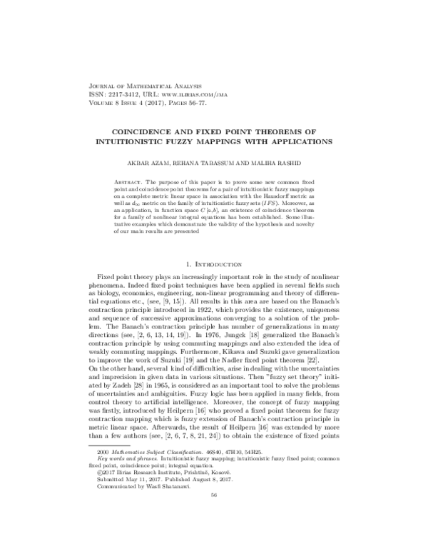 Pdf Coincidence And Fixed Point Theorems Of Intuitionistic Fuzzy Mappings With Applications