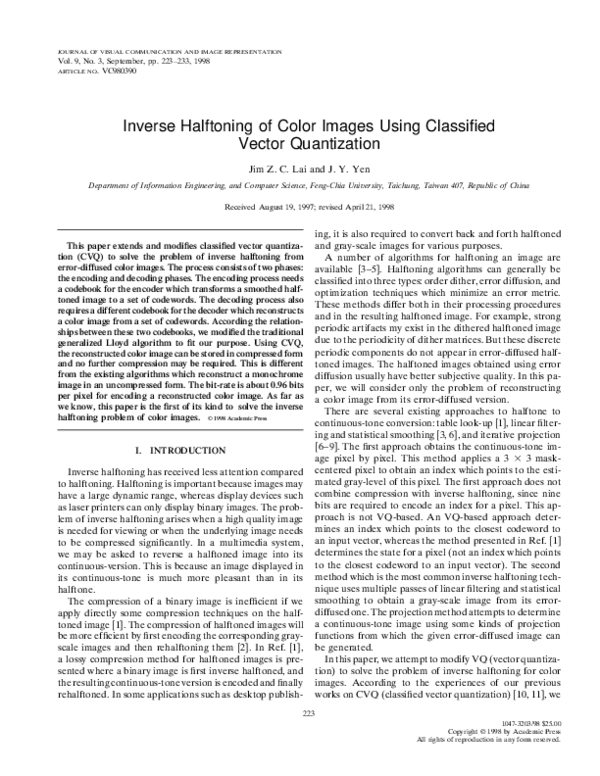 (PDF) Inverse Halftoning of Color Images Using Classified Vector Quantization