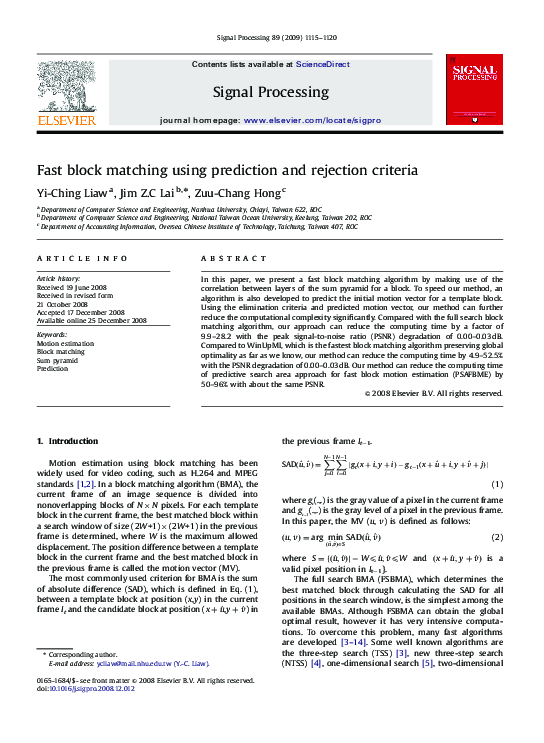 Pdf Fast Block Matching Using Prediction And Rejection Criteria