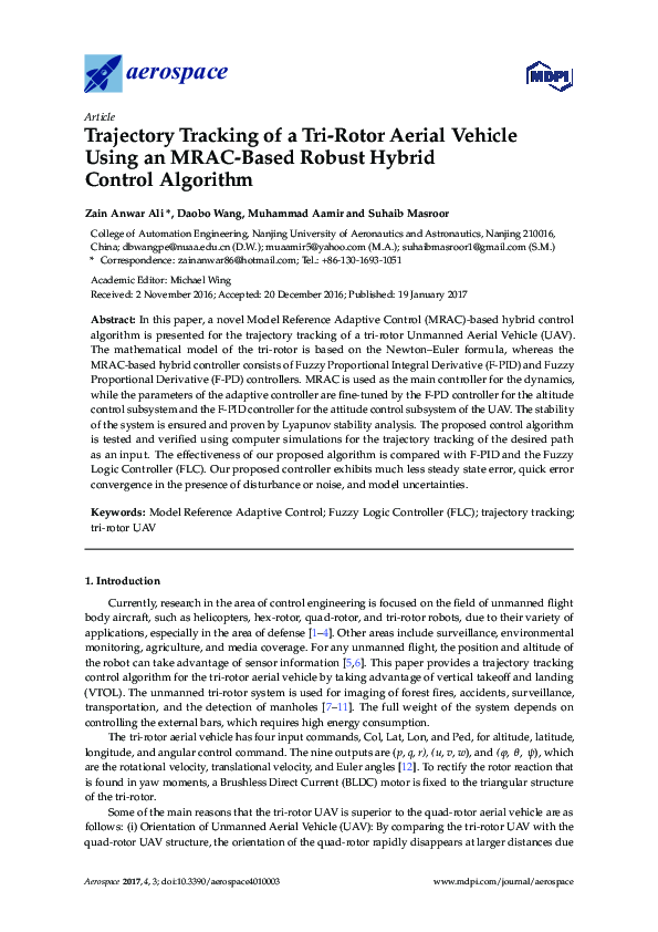 (PDF) Trajectory Tracking of a Tri-Rotor Aerial Vehicle Using an MRAC-Based Robust Hybrid ...
