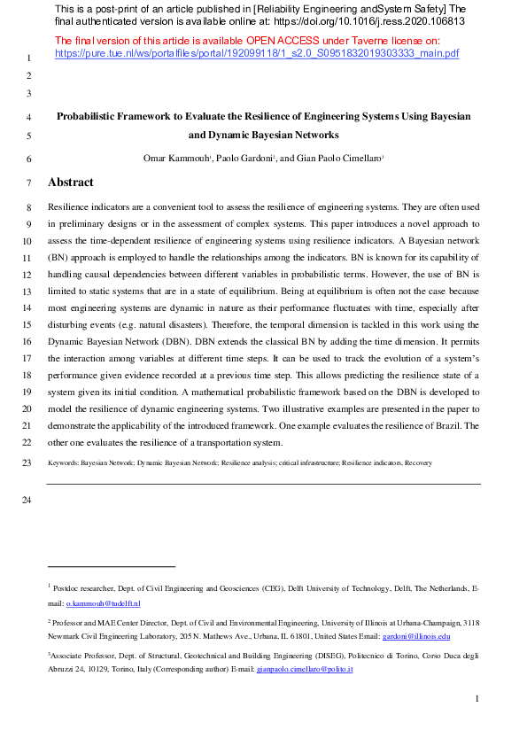 (PDF) Probabilistic Framework to Evaluate the Resilience of Engineering Systems Using Bayesian ...