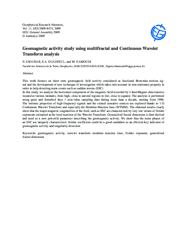 (PDF) Geomagnetic activity study using multifractal and Continuous Wavelet Transform analysis