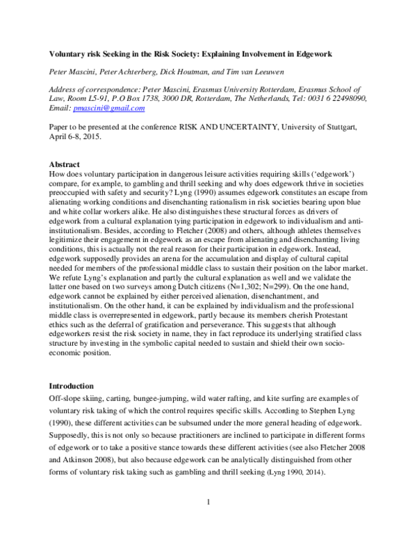 (PDF) Voluntary risk Seeking in the Risk Society: Explaining ...