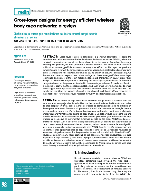(PDF) Cross-layer designs for energy efficient wireless body area networks: a review | Camilo ...
