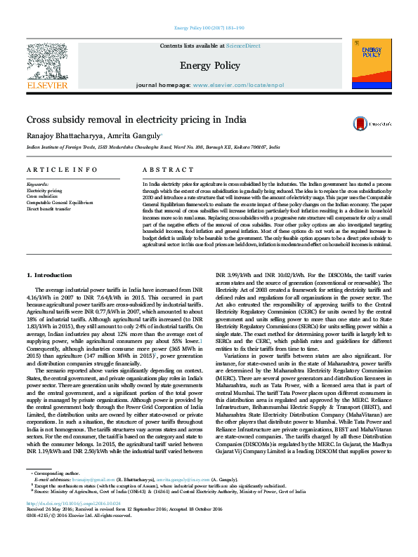 (PDF) Cross subsidy removal in electricity pricing in India
