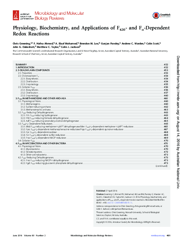 (PDF) Physiology, Biochemistry, and Applications of F420- and Fo ...