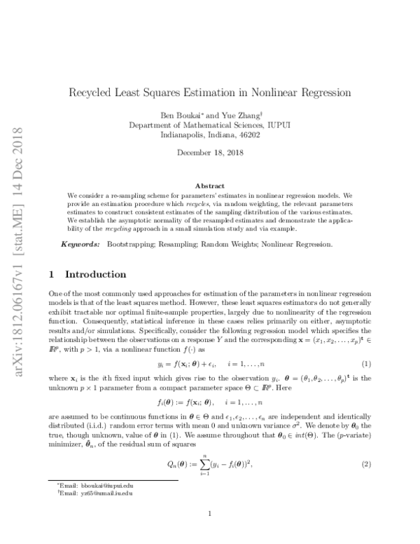 (PDF) Recycled Least Squares Estimation in Nonlinear Regression