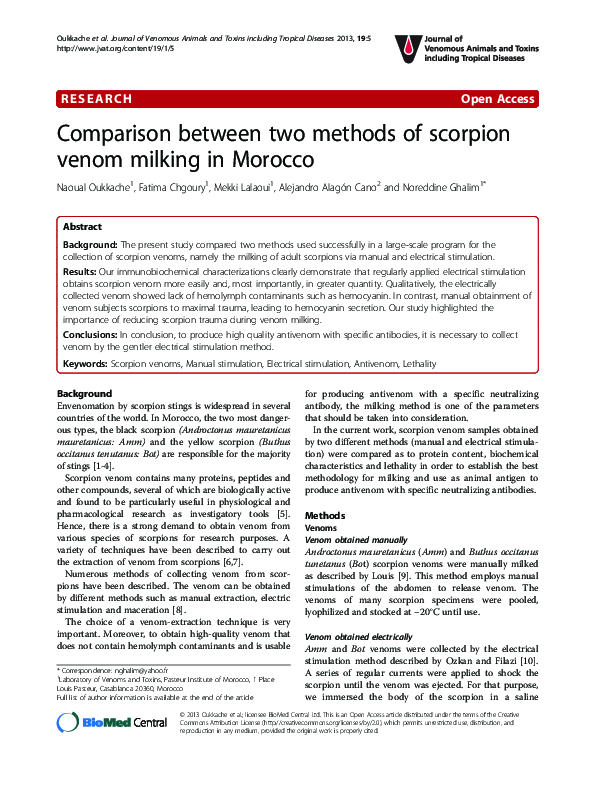 (PDF) Comparison between two methods of scorpion venom milking in Morocco