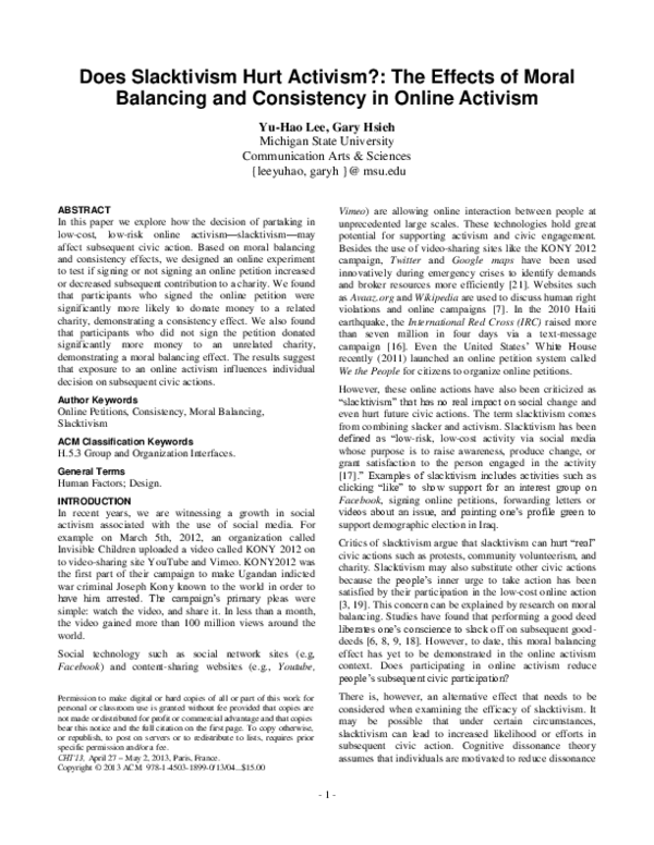 (PDF) Does Slacktivism Hurt Activism?: The Effects of Moral Balancing ...
