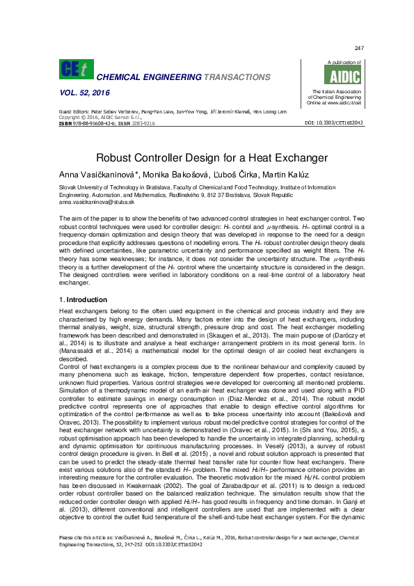 (PDF) Robust controller design for a heat exchanger