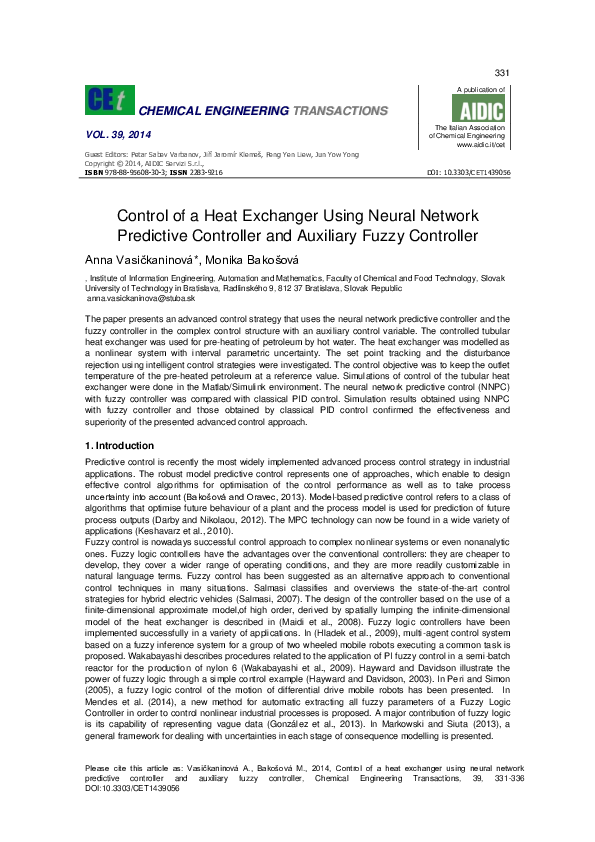 (PDF) Control of a Heat Exchanger Using Neural Network Predictive Controller and Auxiliary Fuzzy ...