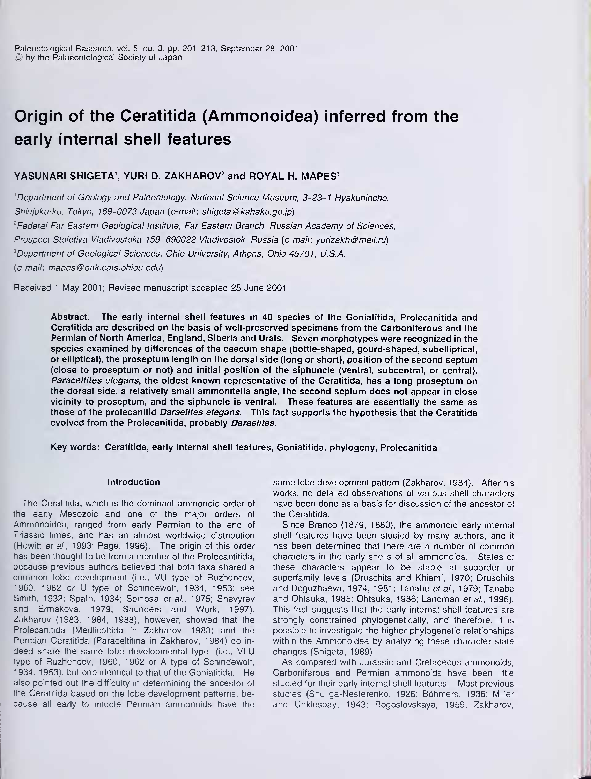 (PDF) Origin of the Ceratitida (Ammonoidea) inferred from the early ...