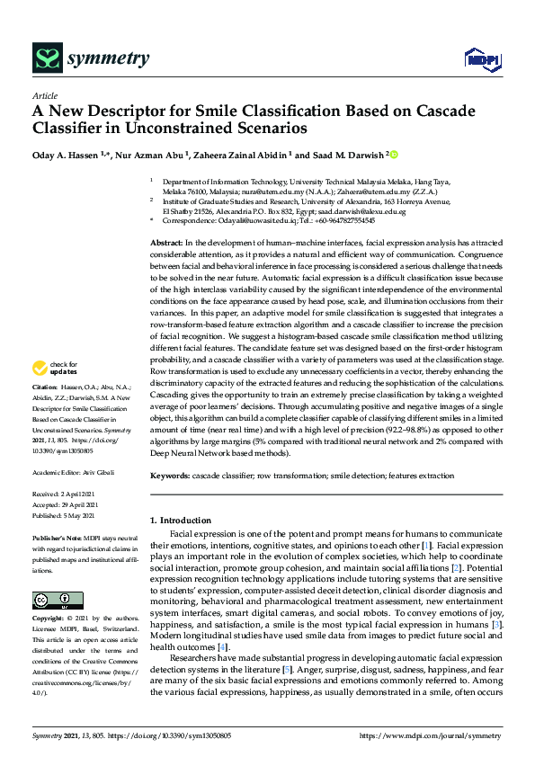 (PDF) A New Descriptor for Smile Classification Based on Cascade Classifier in Unconstrained ...