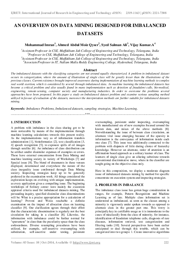 (PDF) An Overview on Data Mining Designed for Imbalanced Datasets | Mohammad Imran - Academia.edu