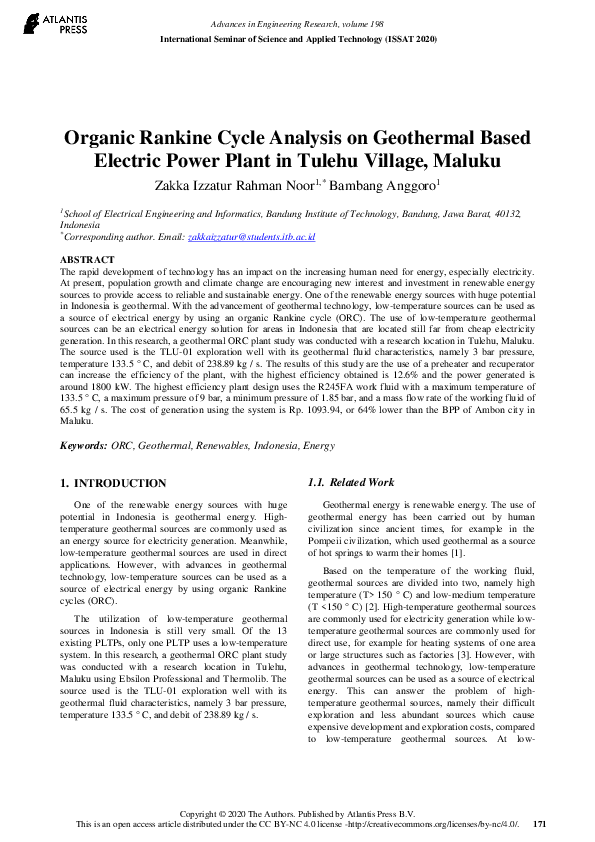 (PDF) Organic Rankine Cycle Analysis on Geothermal Based Electric Power Plant in Tulehu Village ...