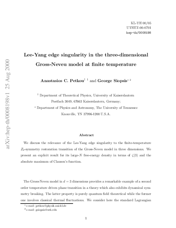 (PDF) Lee-Yang edge singularity in the three-dimensional Gross-Neveu model at finite temperature