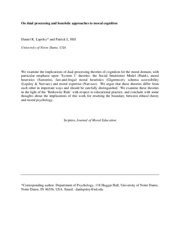 (PDF) On dual processing and heuristic approaches to moral cognition