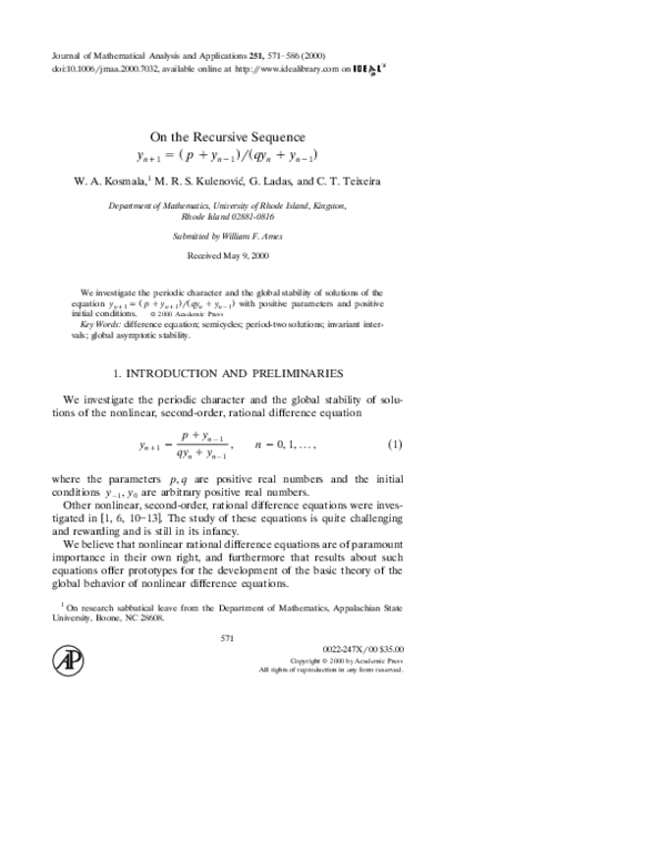 (PDF) On the Recursive Sequence yn+1=(p+yn−1)/(qyn+yn−1)