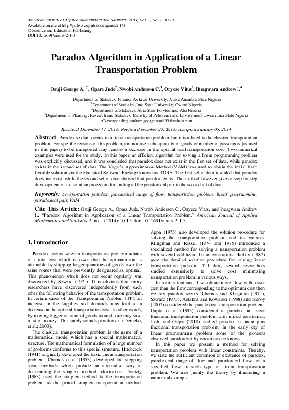 Pdf Paradox Algorithm In Application Of A Linear Transportation Problem