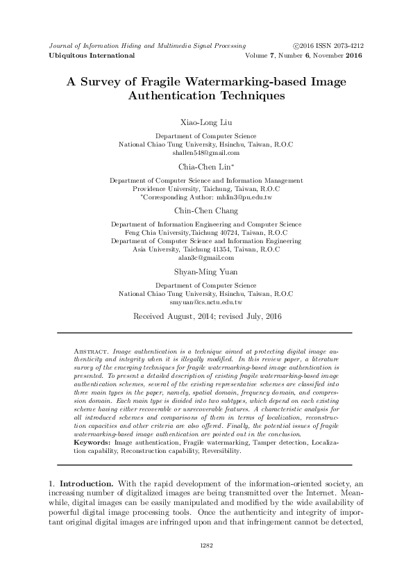 Pdf A Survey Of Fragile Watermarking Based Image Authentication Techniques