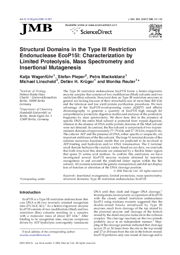 (PDF) Structural Domains in the Type III Restriction Endonuclease ...