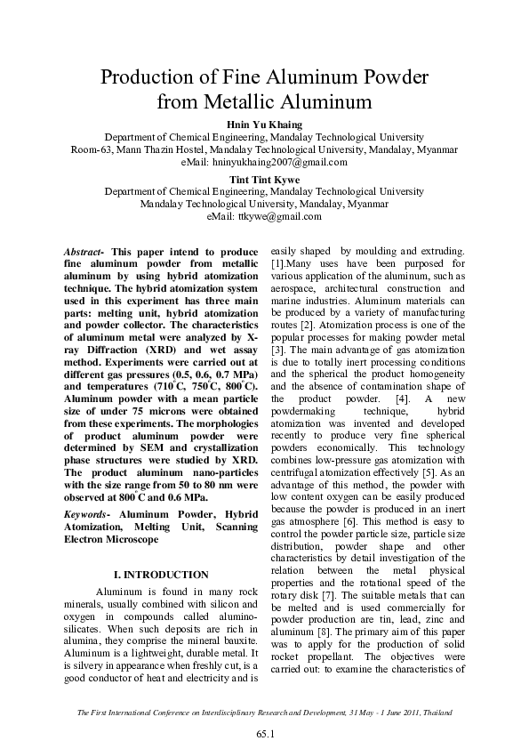 (PDF) Production of Fine Aluminum Powder from Metallic Aluminum