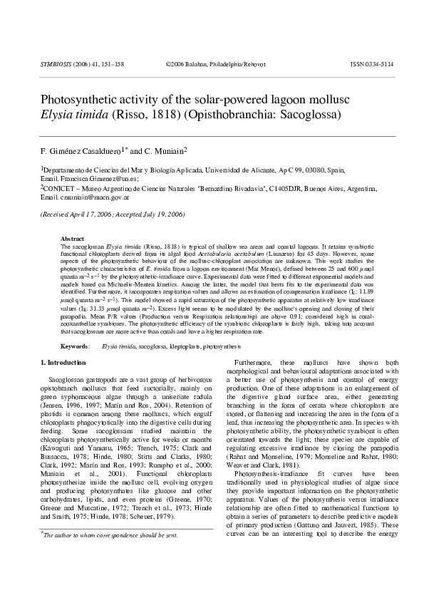(PDF) Photosynthetic activity of the solar-powered lagoon mollusc ...