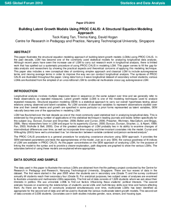 (PDF) Building Latent Growth Models Using PROC CALIS: A Structural Equation Modeling Approach ...
