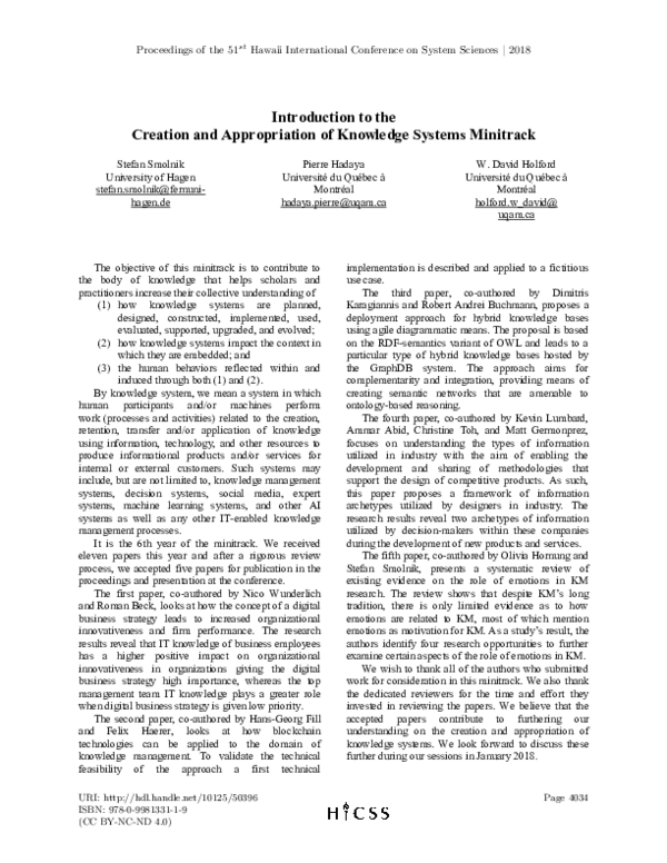 Pdf Introduction To The Minitrack On Creation And Appropriation Of Knowledge Systems