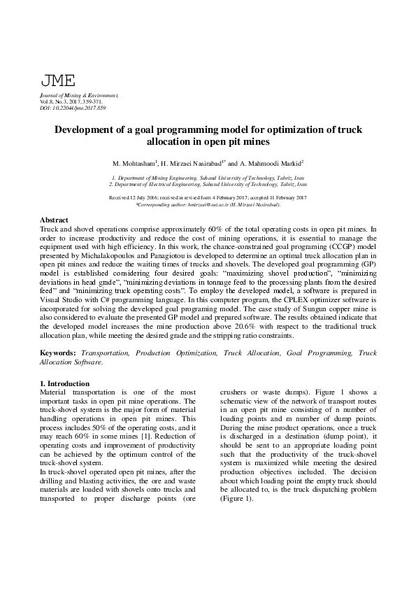 Pdf Development Of A Goal Programming Model For Optimization Of Truck Allocation In Open Pit