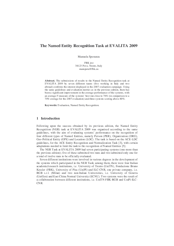 (PDF) The Named Entity Recognition Task at EVALITA 2009 | Manuela ...