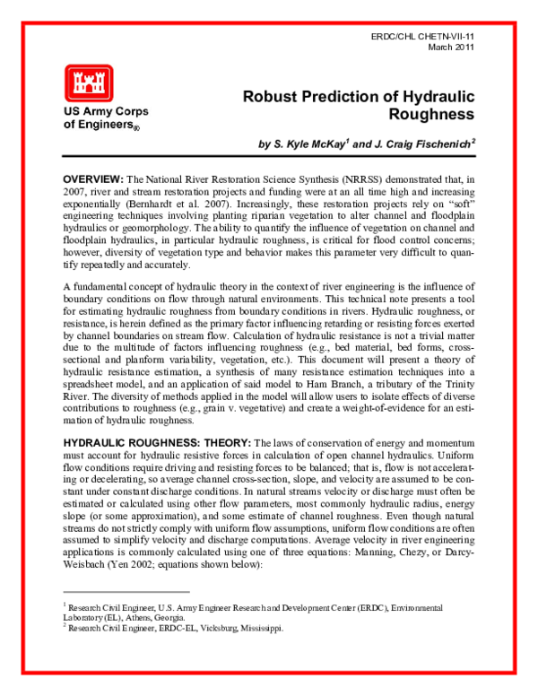 (PDF) ERDC/CHL CHETN-VII-11, Robust Prediction of Hydraulic Roughness