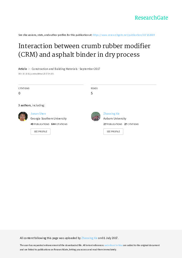 (PDF) Interaction between crumb rubber modifier (CRM) and asphalt ...