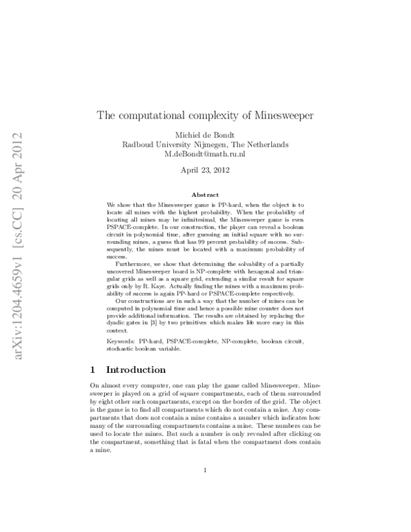 Pdf The Computational Complexity Of Minesweeper