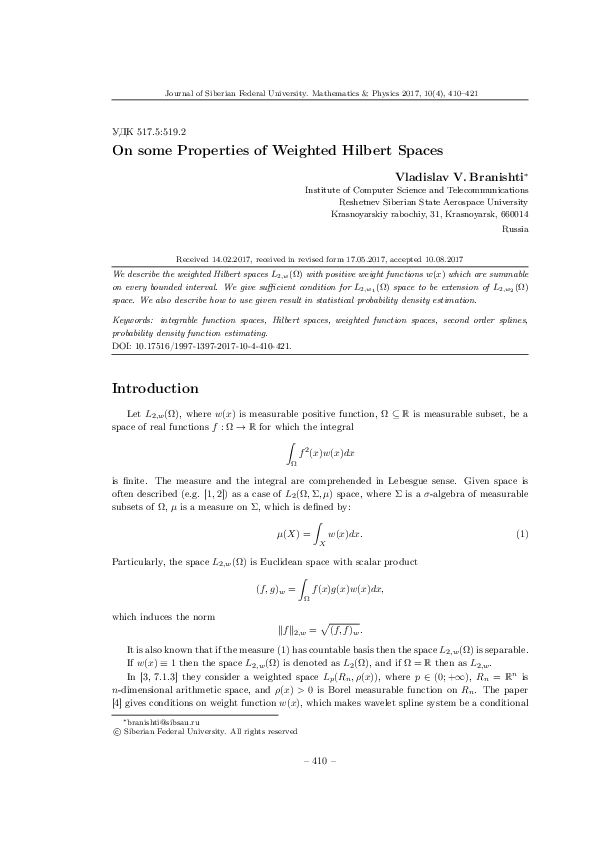 (PDF) On some Properties of Weighted Hilbert Spaces