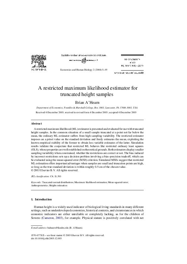 Pdf A Restricted Maximum Likelihood Estimator For Truncated Height Samples