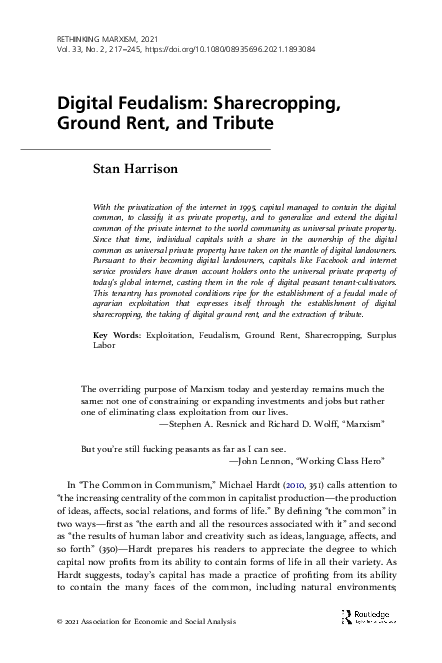 (PDF) Digital Feudalism: Sharecropping, Ground Rent, and Tribute
