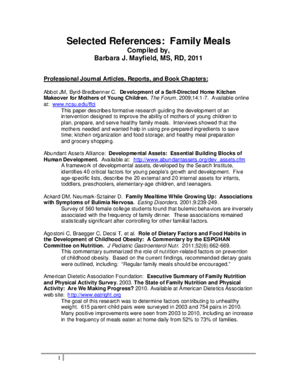 (PDF) Selected References: Family Meals