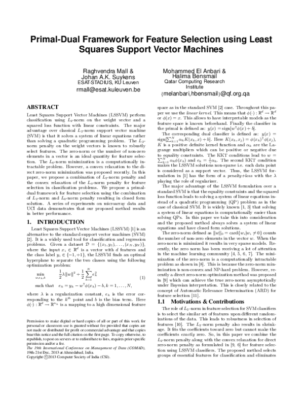 Pdf Primal Dual Framework For Feature Selection Using Least Squares Support Vector Machines