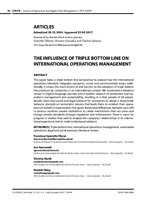 (PDF) The Influence of Triple Bottom Line on International Operations ...
