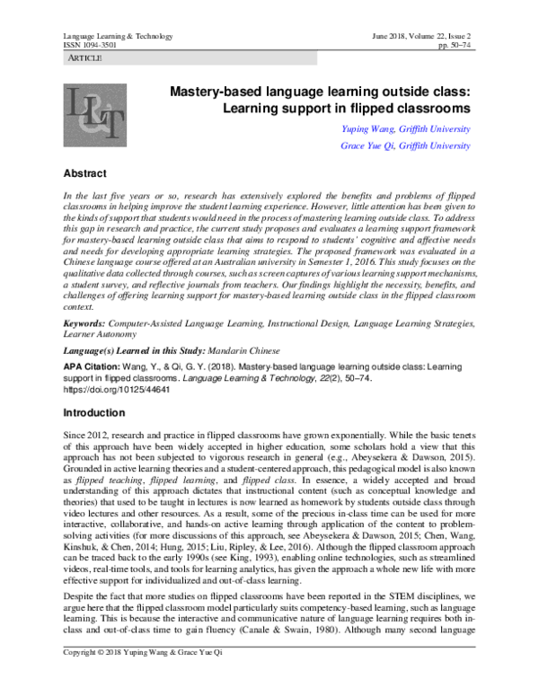 (PDF) Mastery-based language learning outside class: Learning support ...