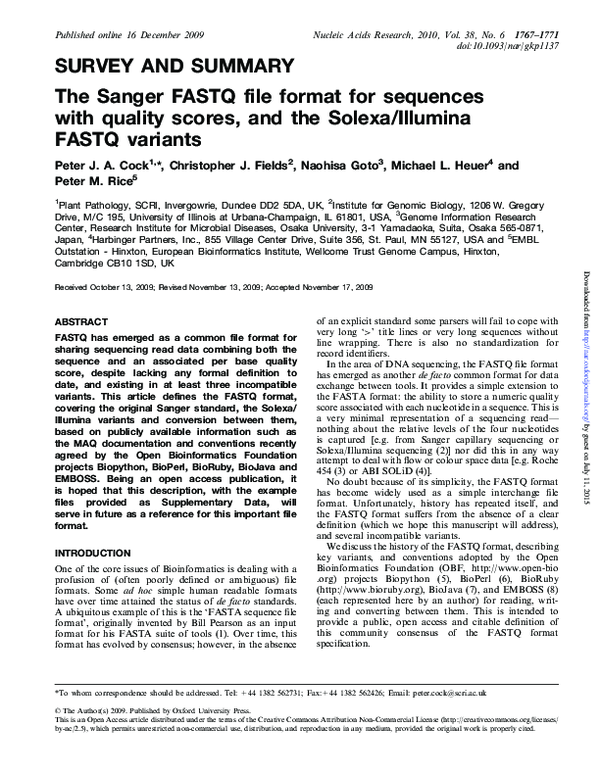 (PDF) SURVEY AND SUMMARY The Sanger FASTQ file format for sequences ...