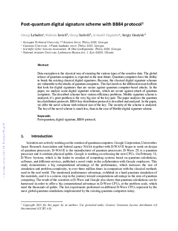 (PDF) Post-Quantum Digital Signature Scheme with BB84 Protocol