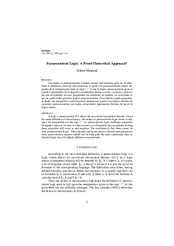 (PDF) Paraconsistent Logic: A Proof-Theoretical Approach*